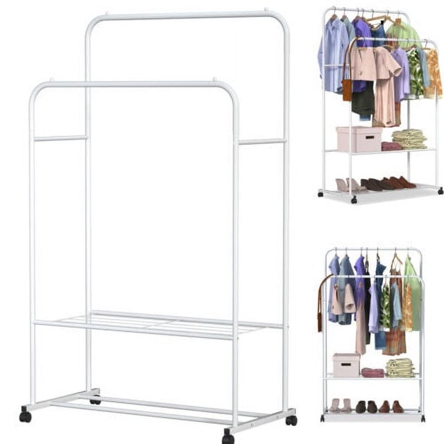 Double Garment Hanging Rack Clothes Hanging Stand Rolling Wheel Shoe