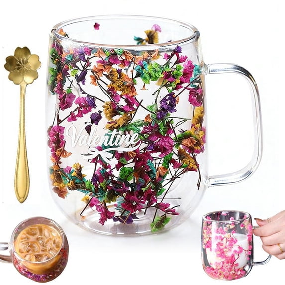 Double Glass Flower Tea Cup, Insulated Glass Coffee Cups with Handles ...