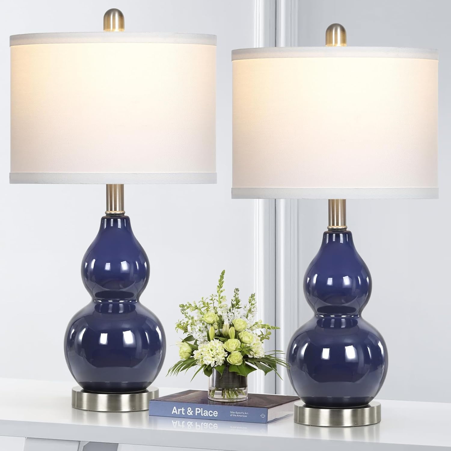 Double Gourd Ceramic Table Lamps Set of 2, Modern Navy Blue Bedside ...