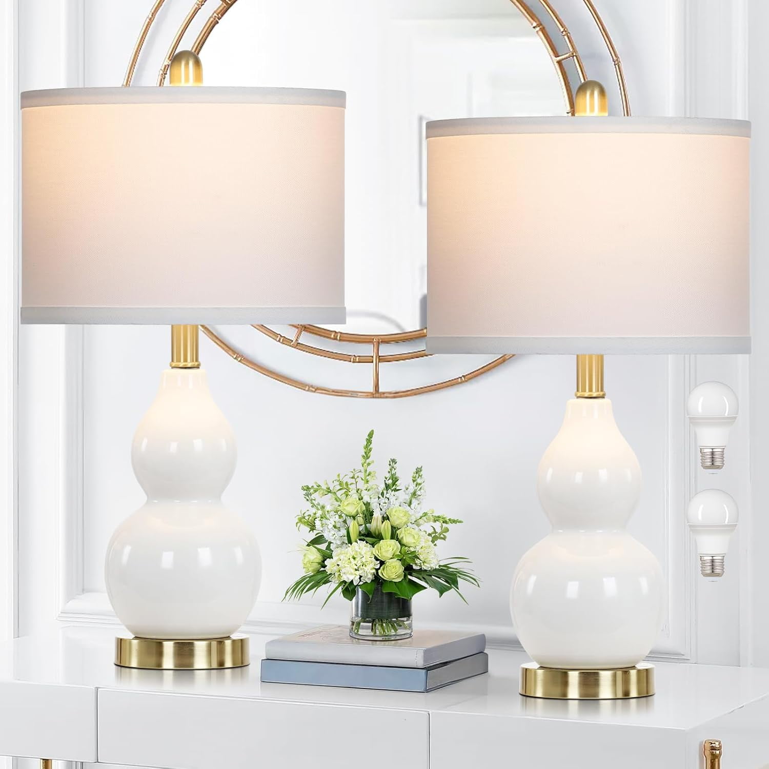 Double Gourd Ceramic Table Lamps Set of 2, Modern White Bedside Lamps ...