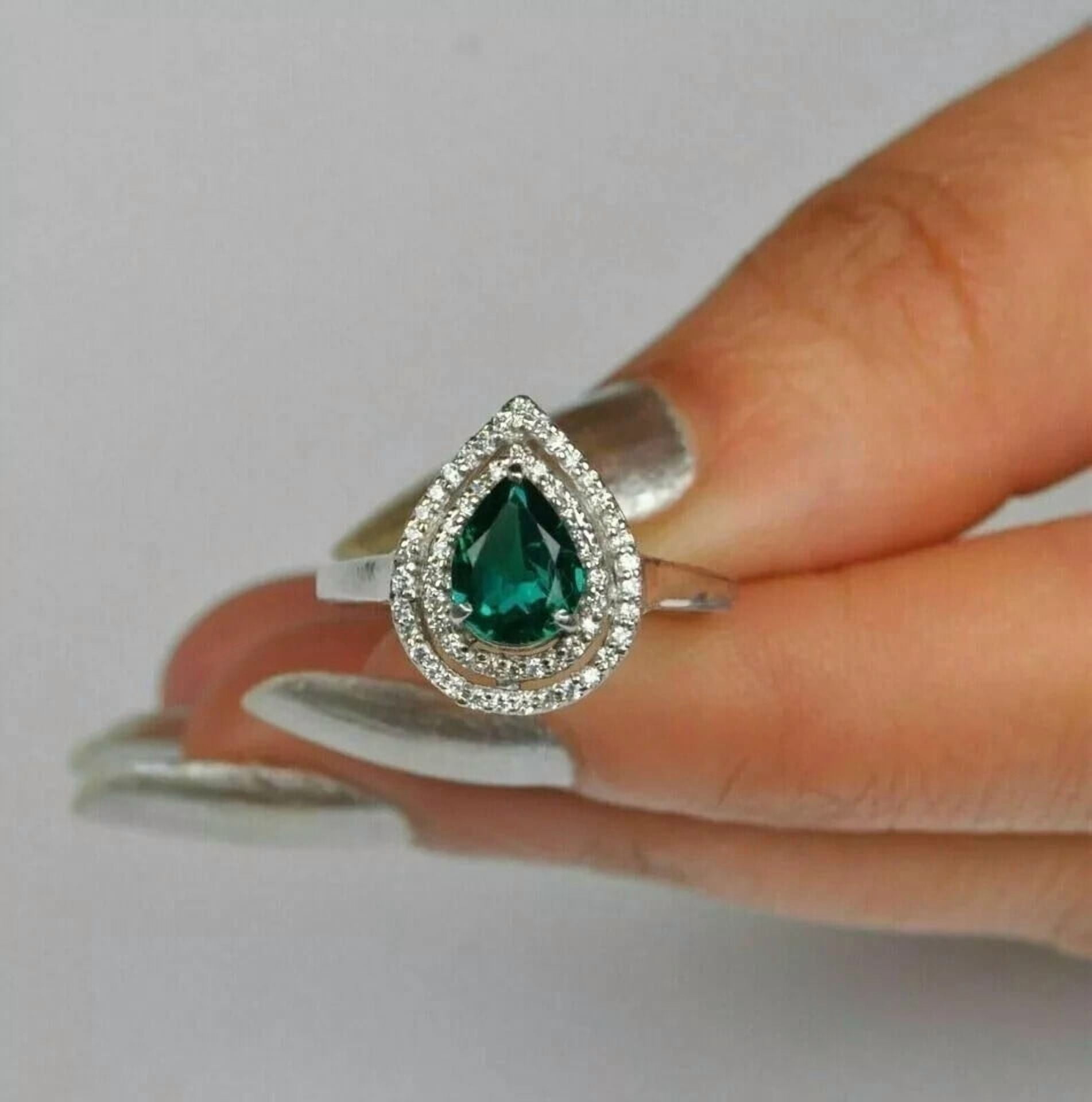 Double Halo 14K White Gold Plated 2Ct Pear Cut Simulated Emerald Women ...