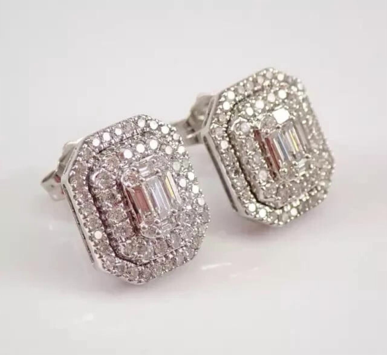 Double Halo Style Stud Earrings 14K White Gold Plated Silver 2Ct ...