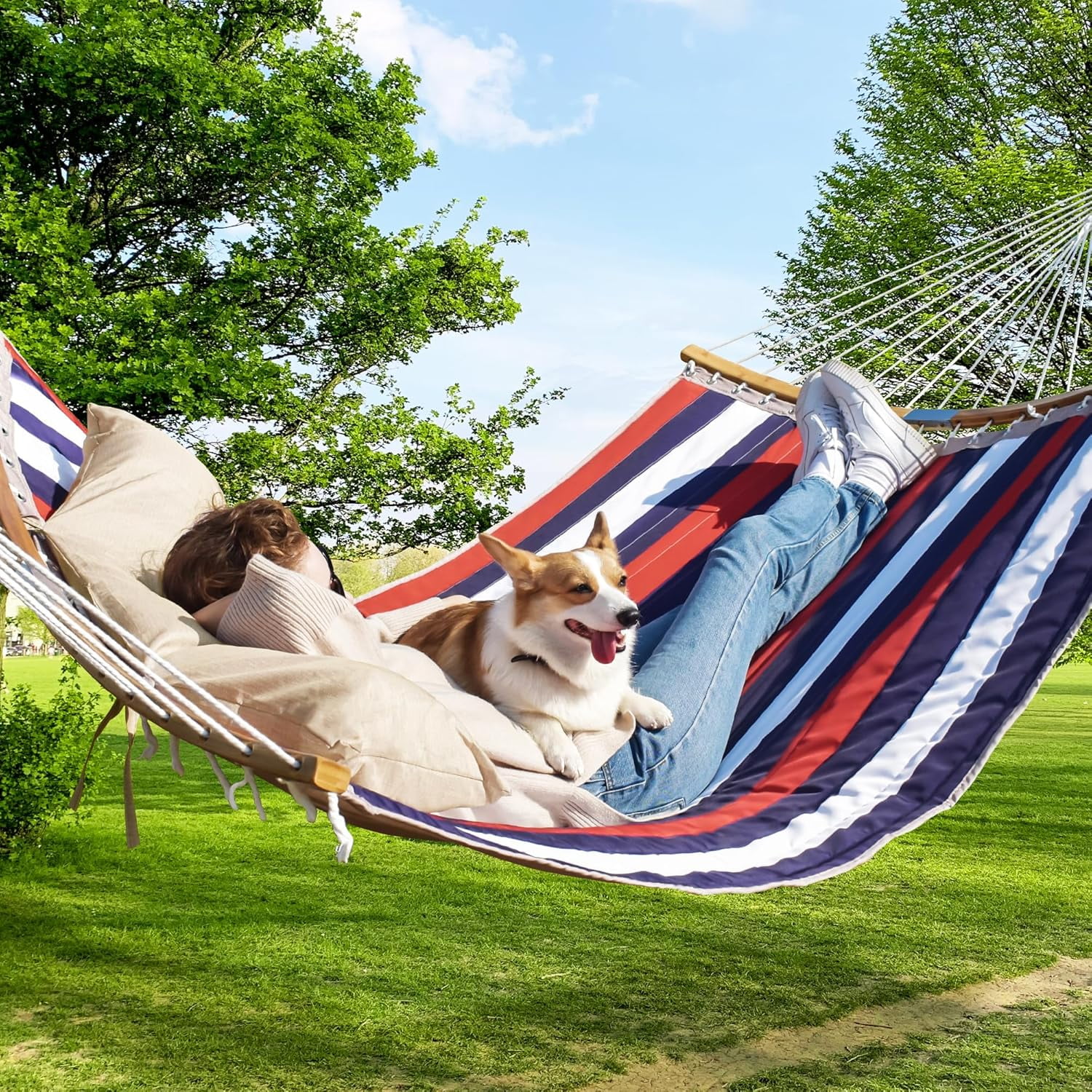 Double Hammock, 11 FT Quilted Fabric 2 Person Hammock for Outside with ...