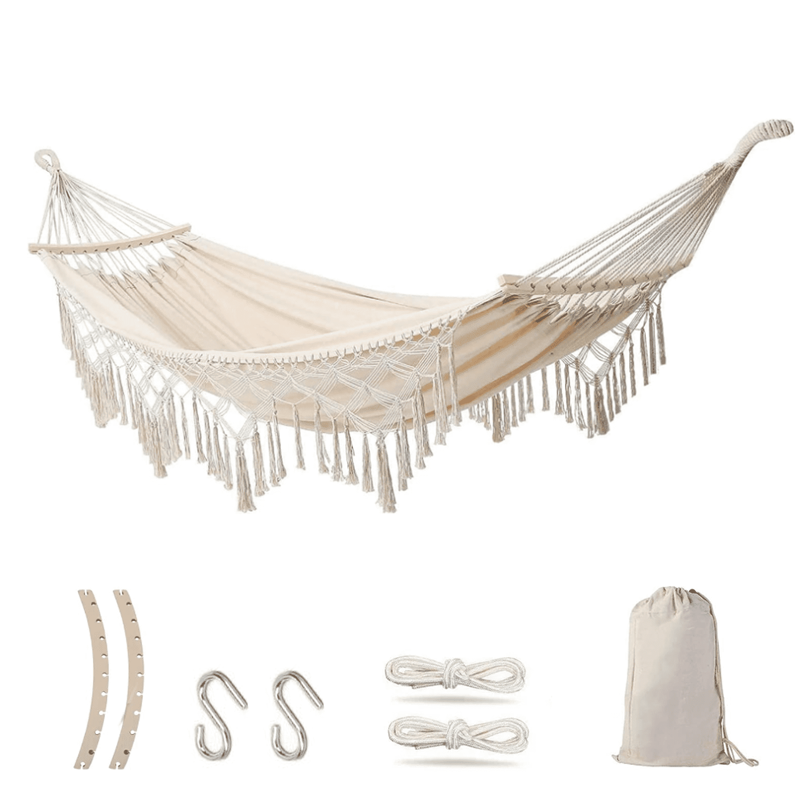 Double Hammock,2-Person Canvas Solid Wood Tassels Fishtail Knitting ...