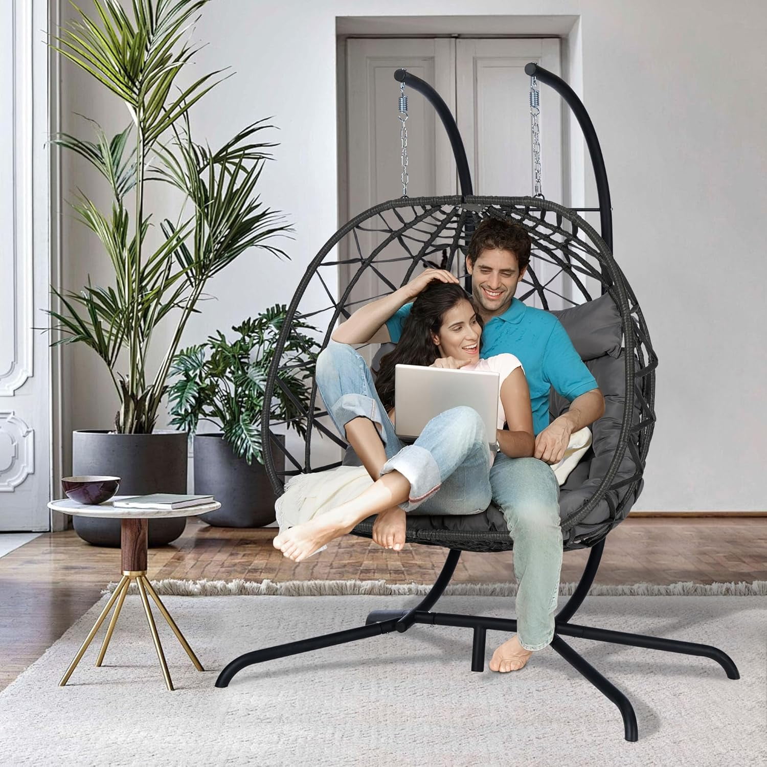 Double Hanging Egg Chair Indoor Outdoor with Stand, Patio Rattan Wicker ...