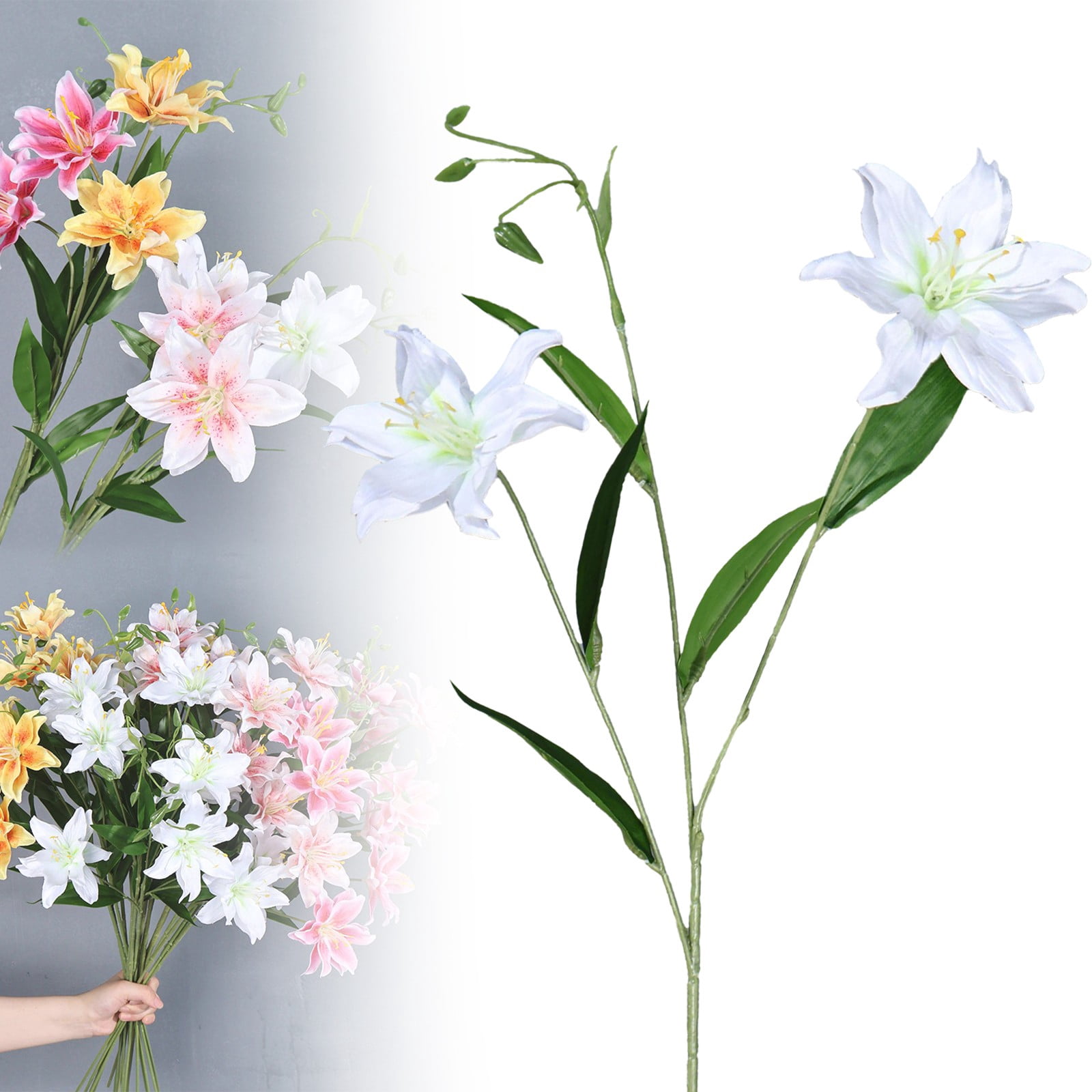 Double-Headed Artificial Lily White, Lifelike 2-Head Artificial Flower ...
