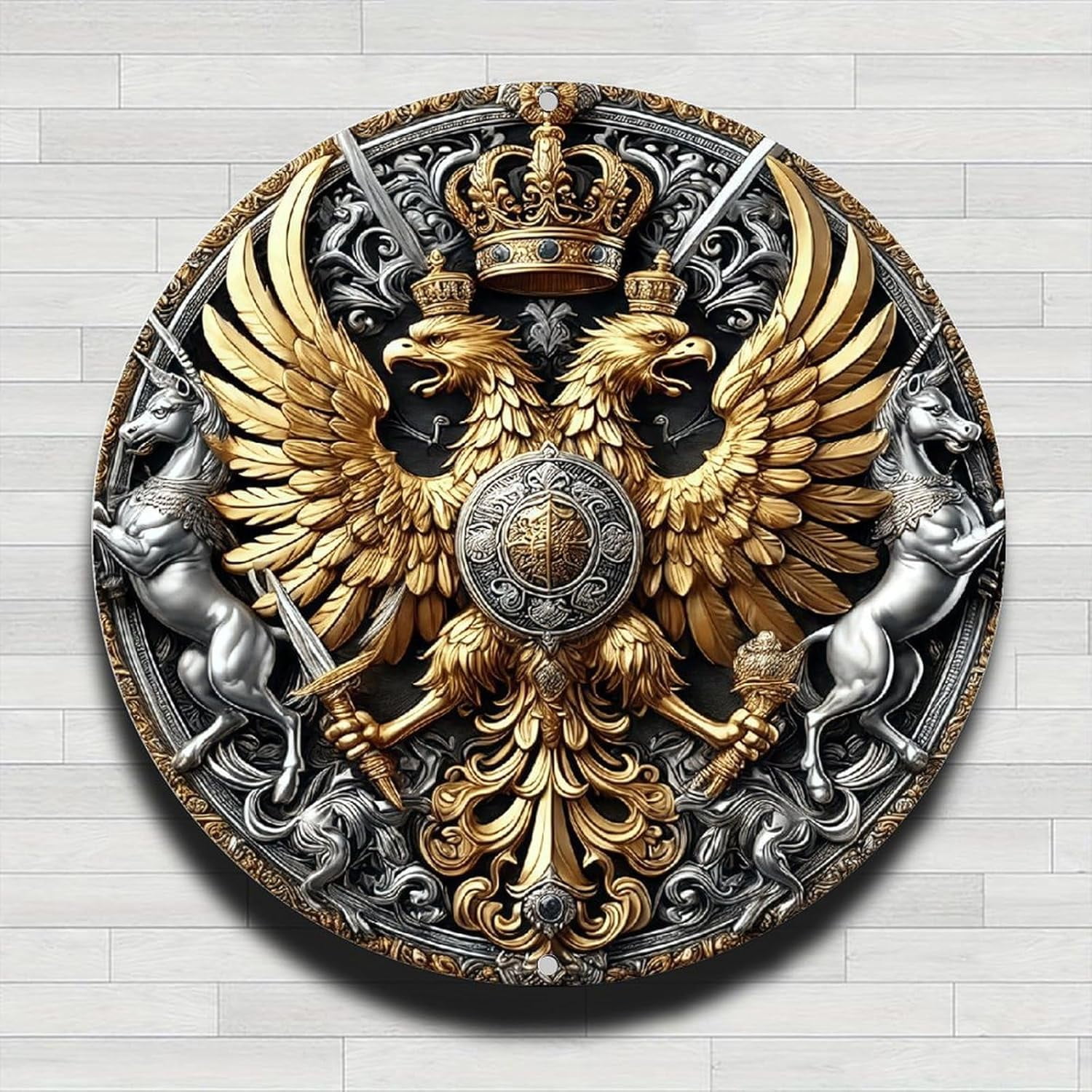 Double Headed Eagle & Unicorns Round Aluminum Wall Sign Vintage Rustic ...