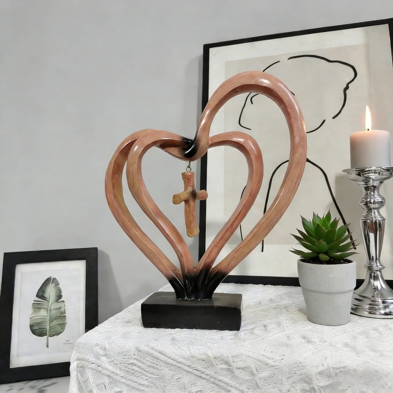 Double Heart Table Top Decoration with Brown Resin Pedestal, 8.5 x 9.5 ...