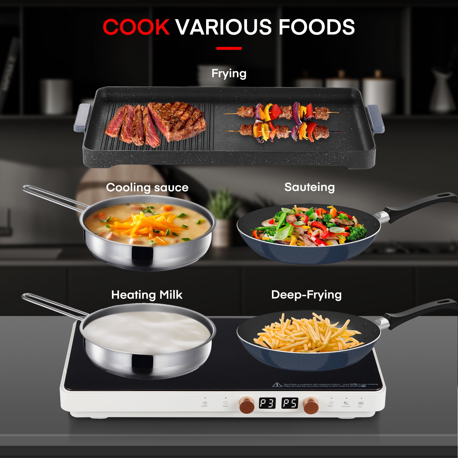 Double Induction Cooktops, Hot Plate with Removable Iron Cast Griddle ...