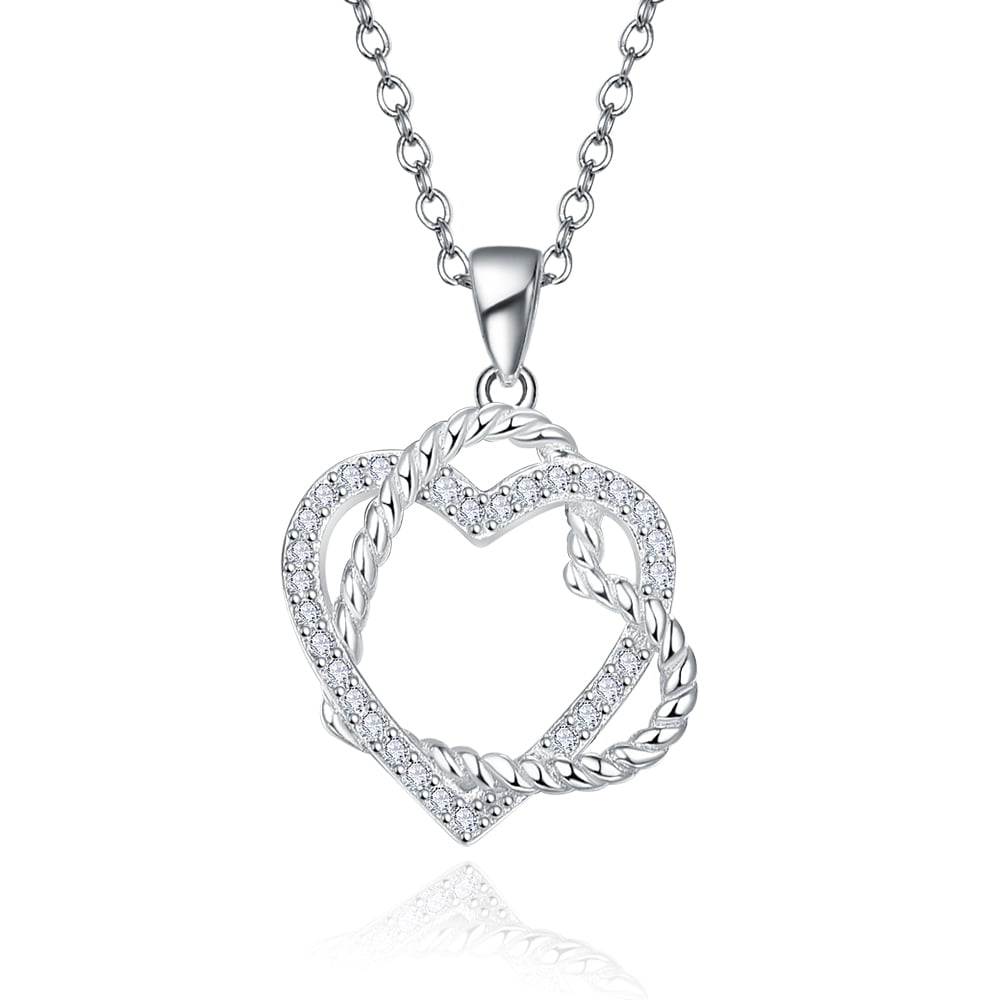 Double Infinity Love Heart Necklace 925 Sterling Silver Heart Pendant Necklace Womens Platinum