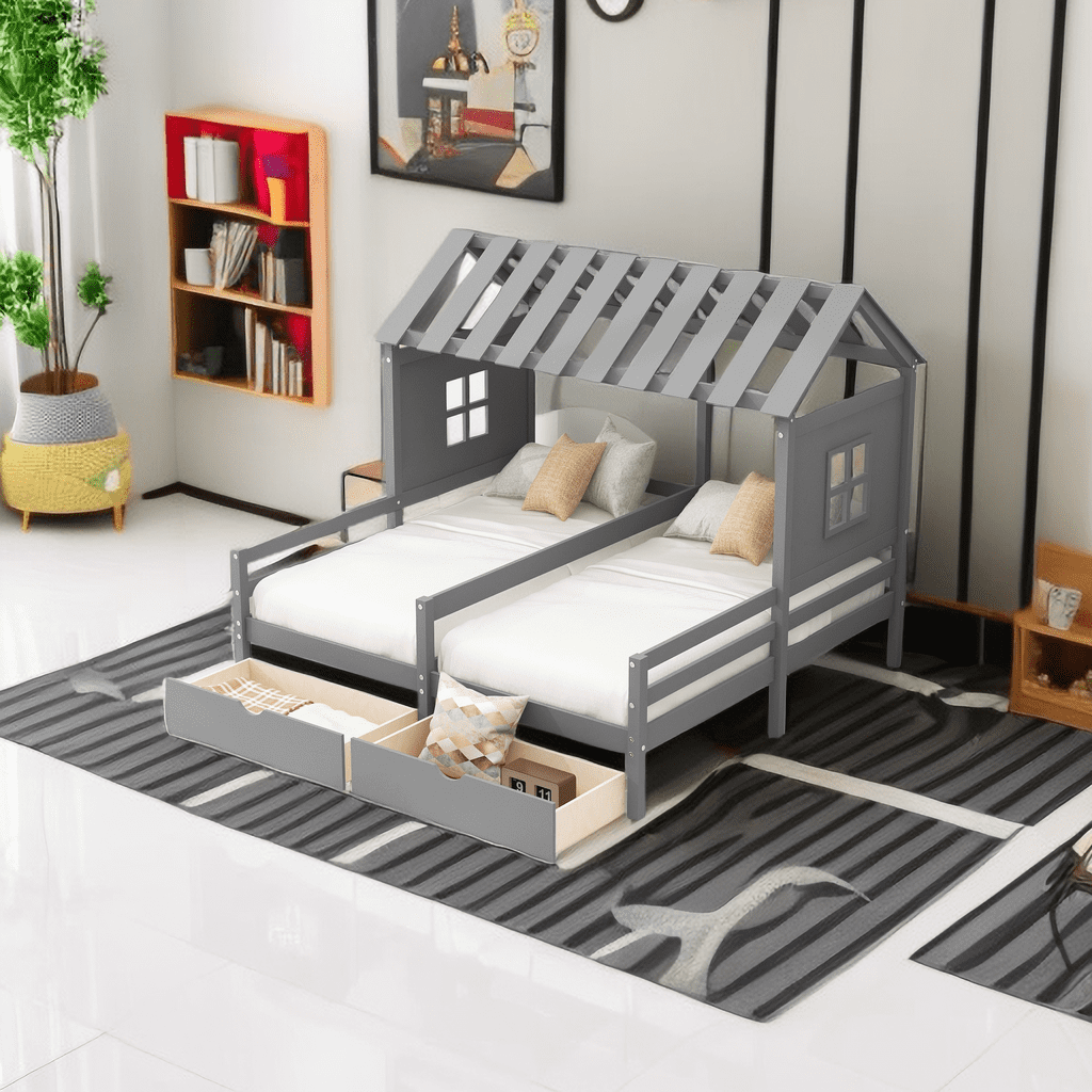 Double Kids House Platform Bed, Twin Bed Frames with 2 Drawers, for Boy ...