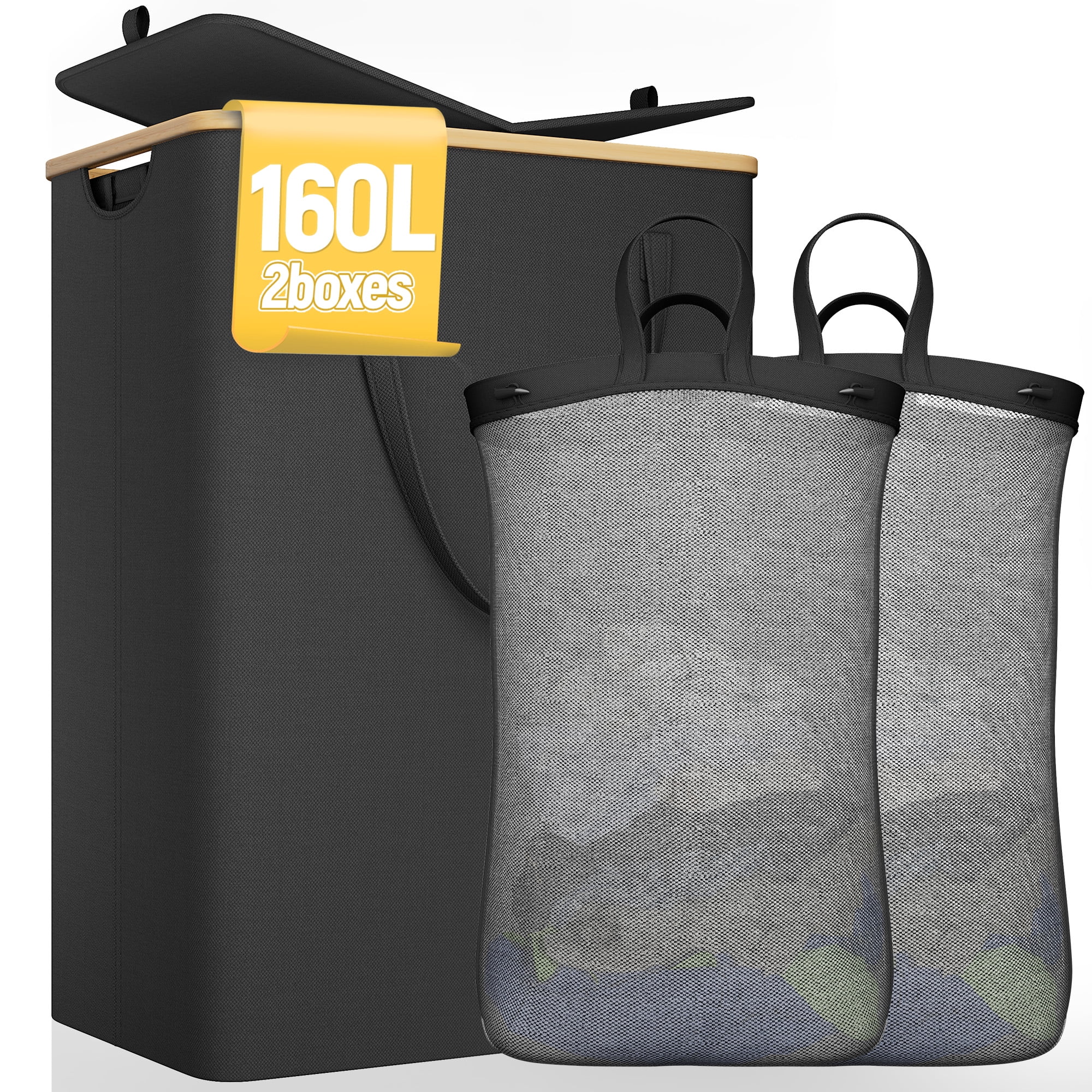 Double Laundry Basket 160L with Lid and 2 Removable Liner Bags ...