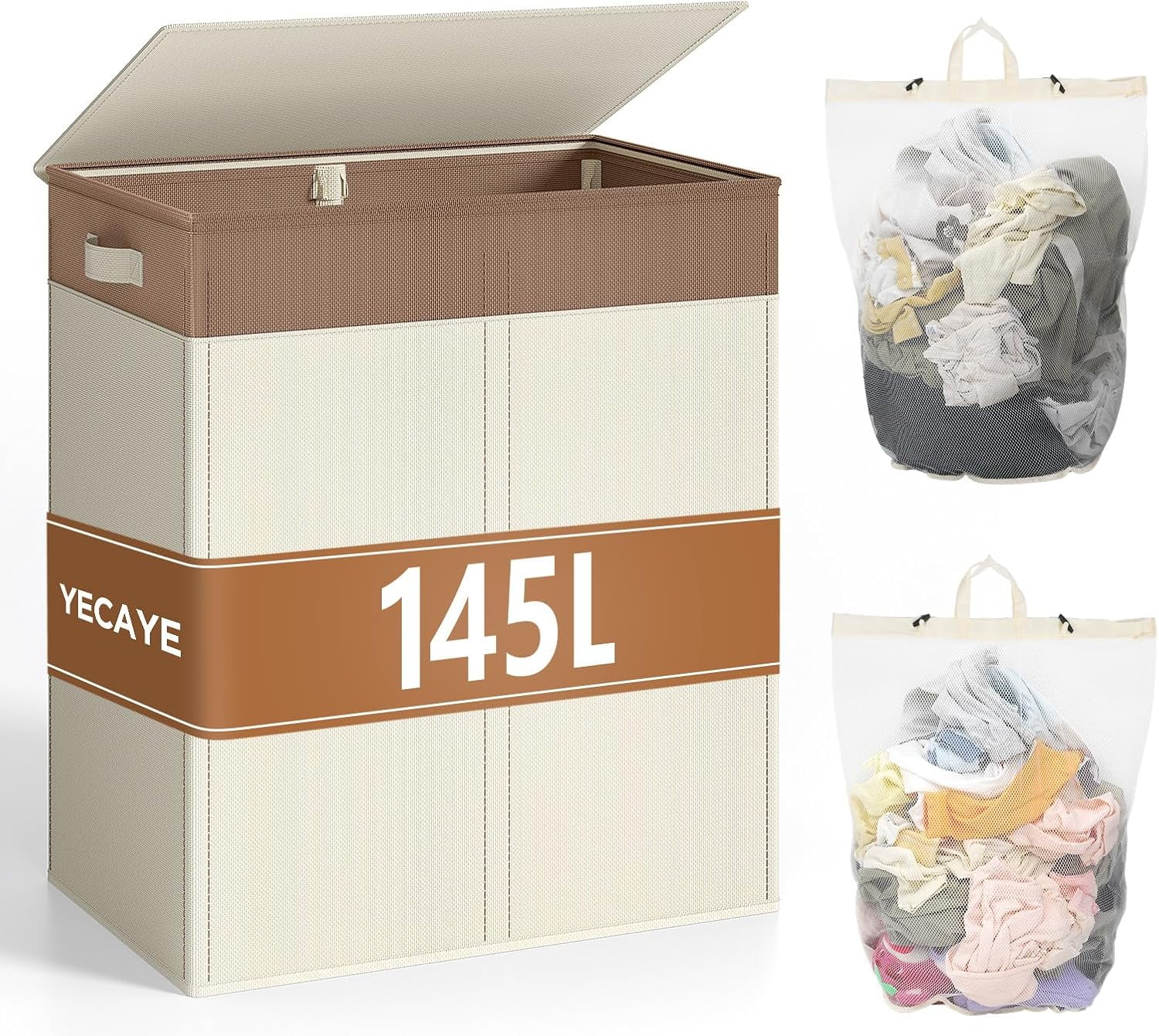 Double Laundry Hamper 145L Capacity, Fabric Dual Compartments with Lid ...