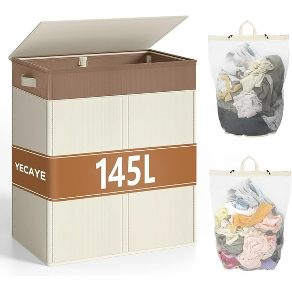 Double Laundry Hamper 145L Capacity, Fabric Dual Compartments with Lid ...