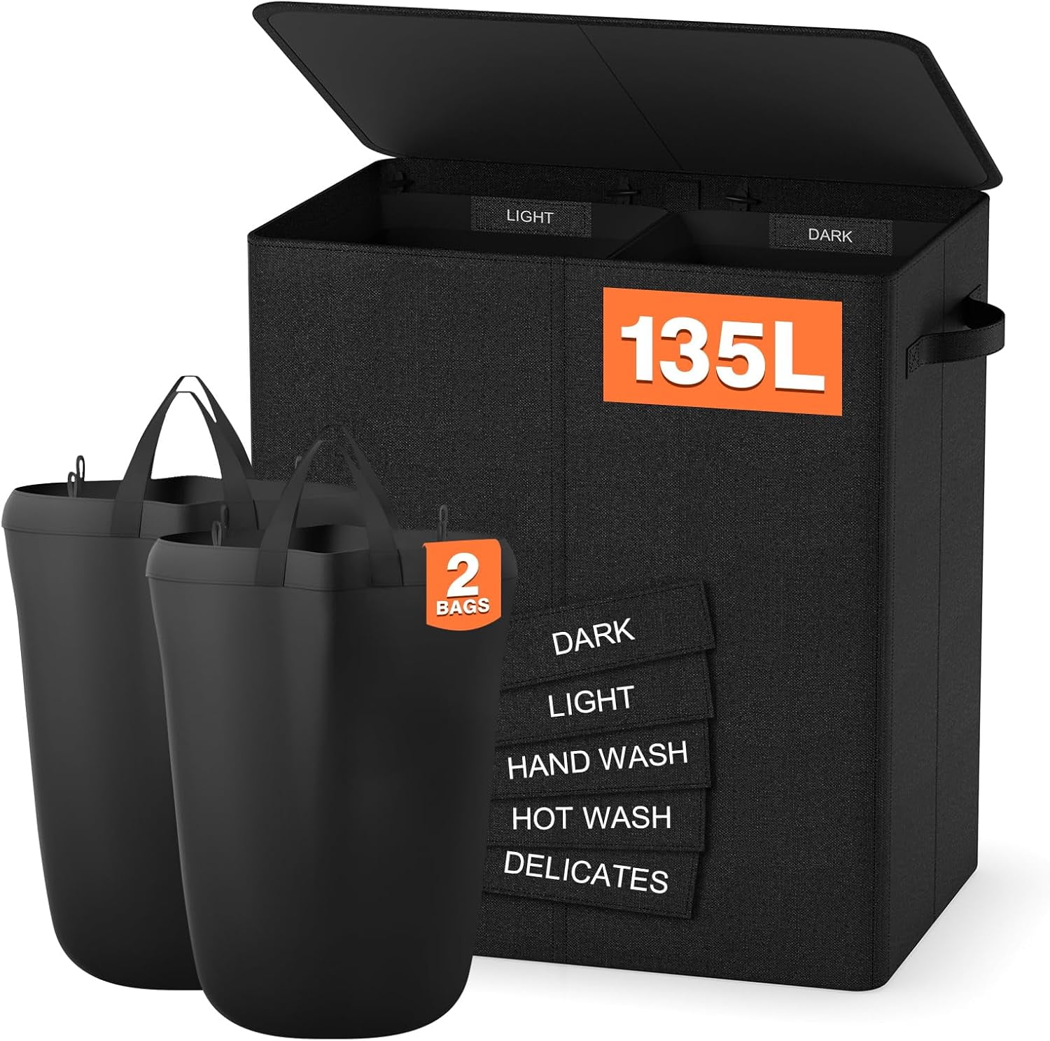 Double Laundry Hamper with Lid, 135L Dirty Clothes Hamper with ...