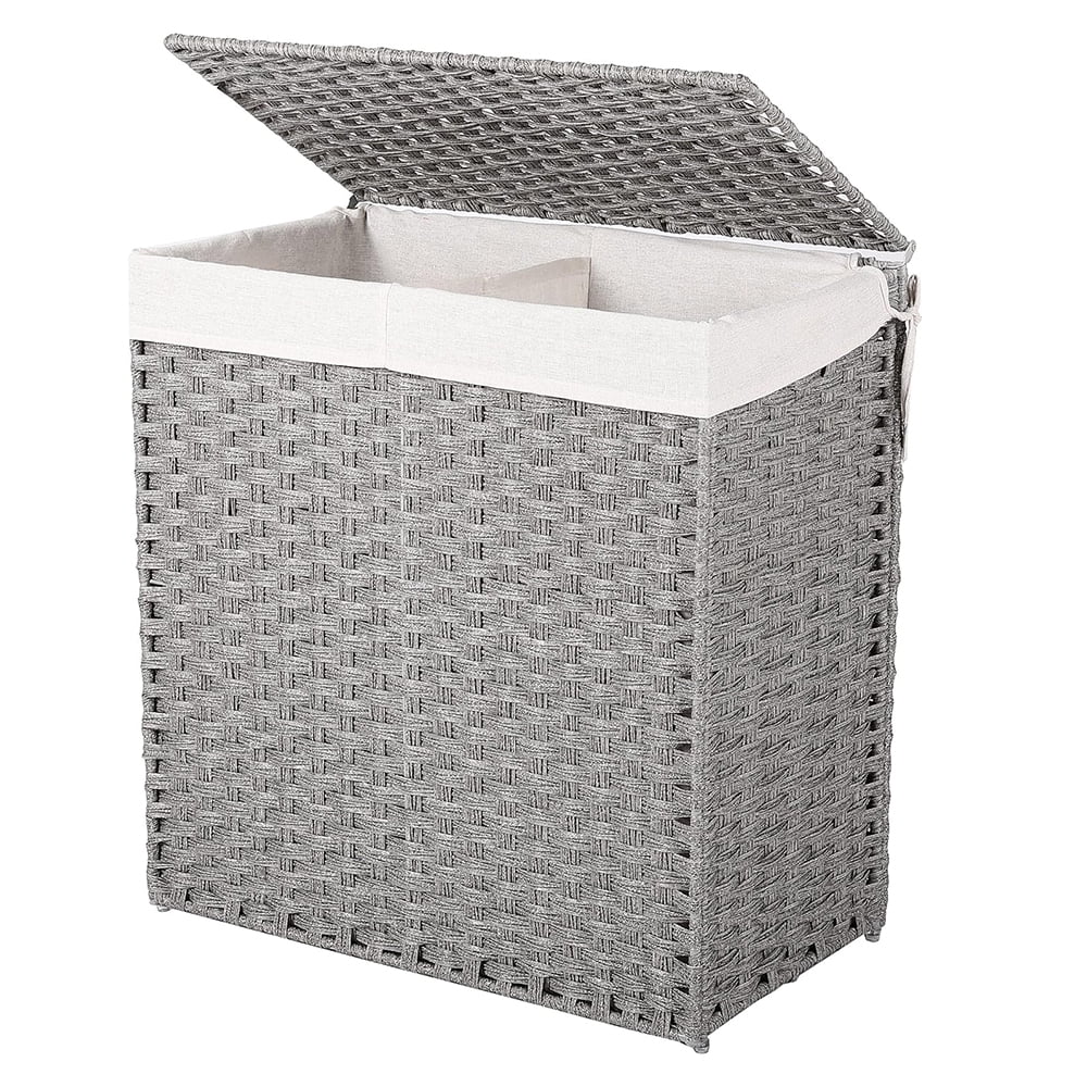 Double Laundry Hamper with Lid | Hand Woven Double Sorter with Liner ...