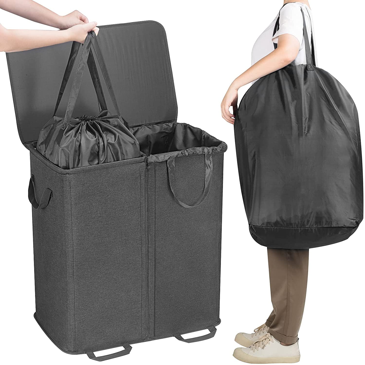 Double Laundry Hamper with Lid and Removable Laundry Bags Laundry Room ...