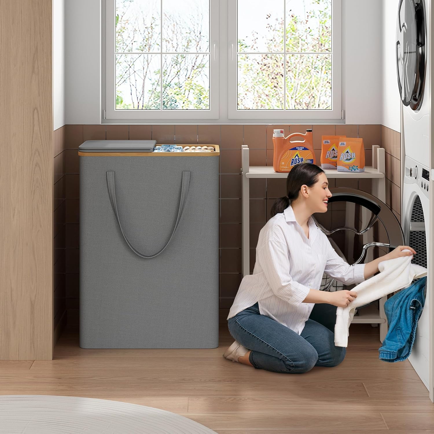 Double Laundry Hamper with Lid Section,Bamboo Laundry Basket with ...