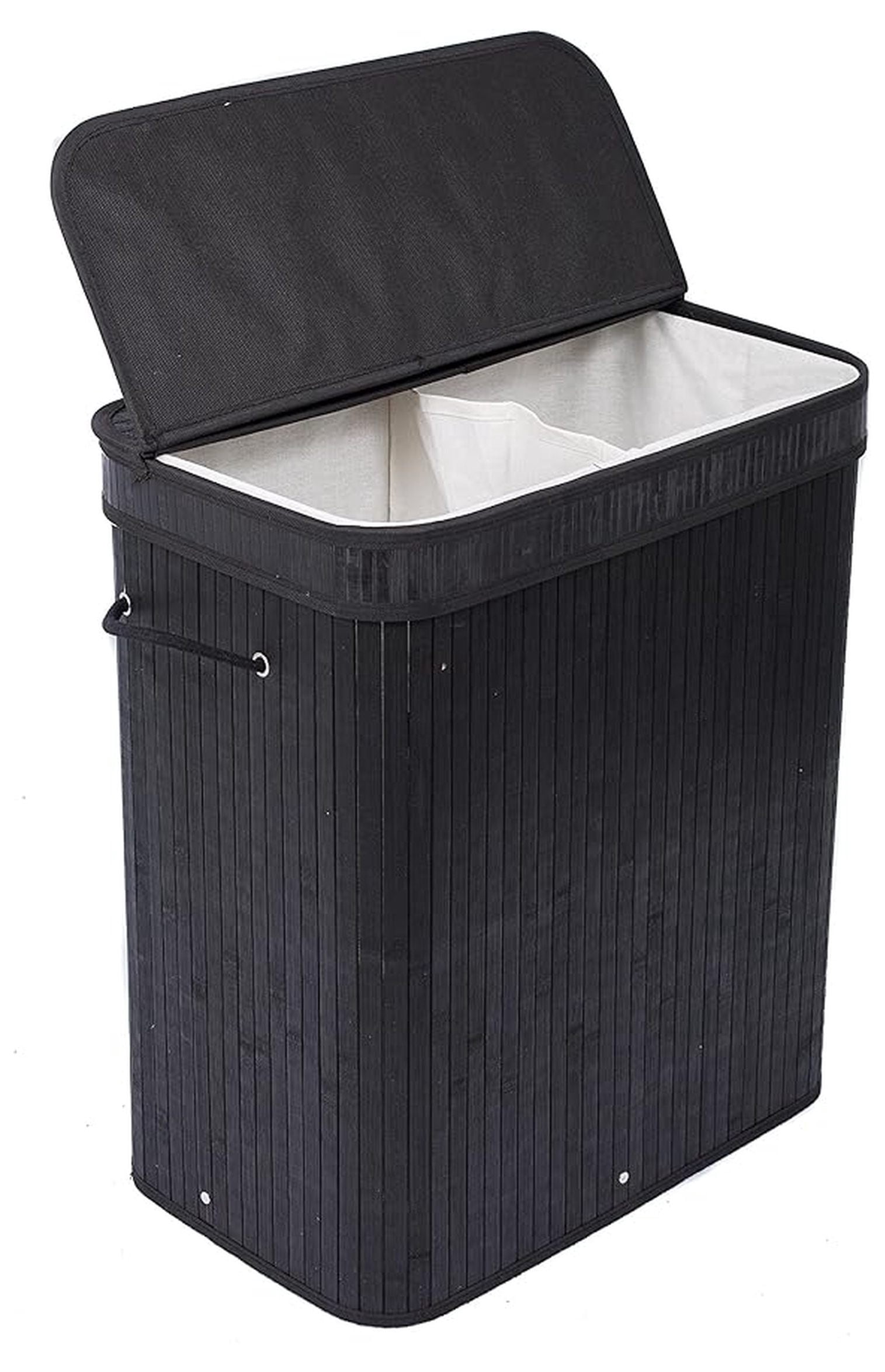 Double Laundry Hamper with Lid and Cloth Liner - Bamboo - Black ...