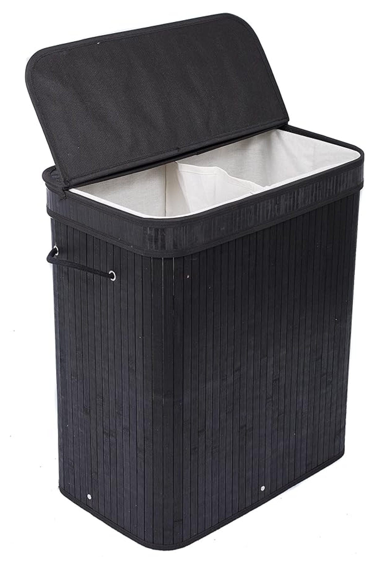 Double Laundry Hamper with Lid and Cloth Liner - Bamboo - Black ...