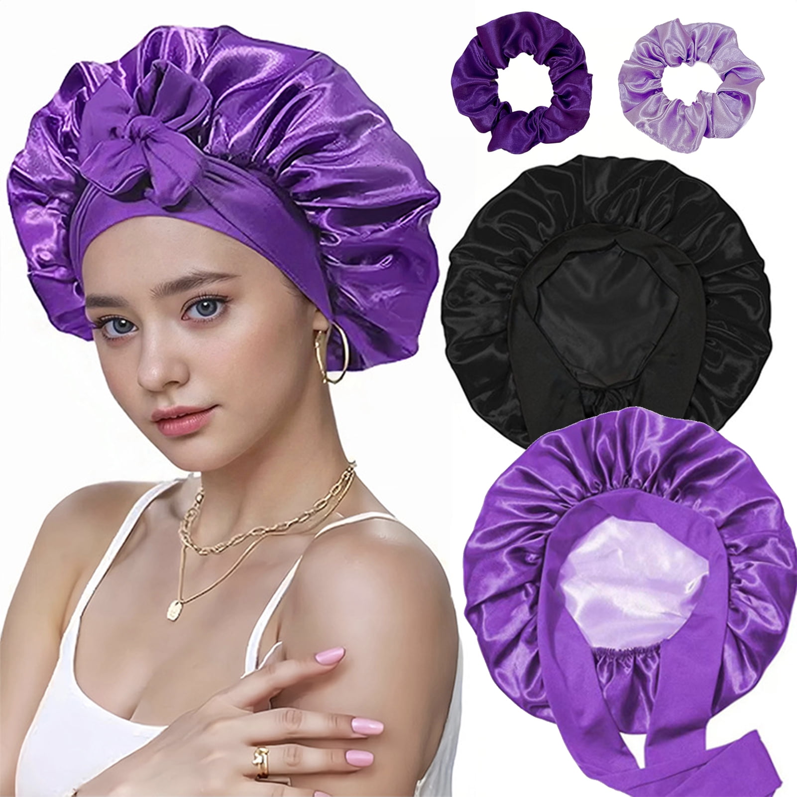 Double Layer Adjustable Tie Band Satin Silk Bonnet Sleep Cap for ...