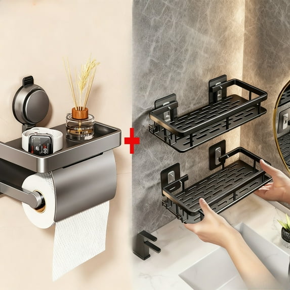 Double Layer Aluminum Bathroom Shelf with Toilet Paper Holder, No Drill ...