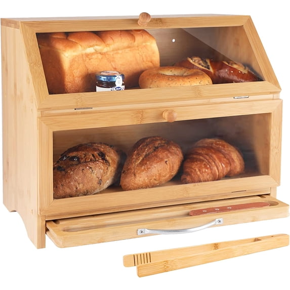 Double Layer Bamboo Bread Box for Kitchen Countertop, Cutting Board ...