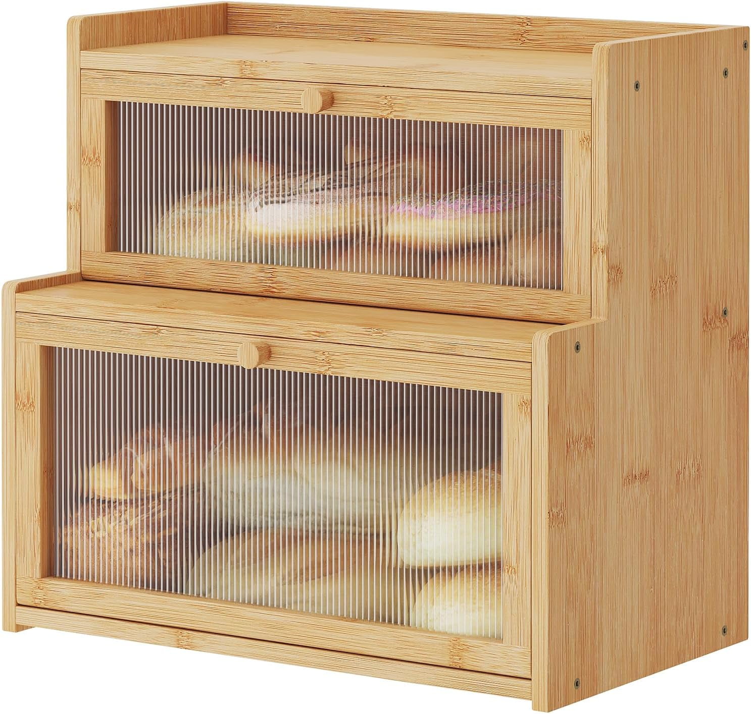 Double Layer Bamboo Bread Box for Kitchen Counter,Bread Holder ...