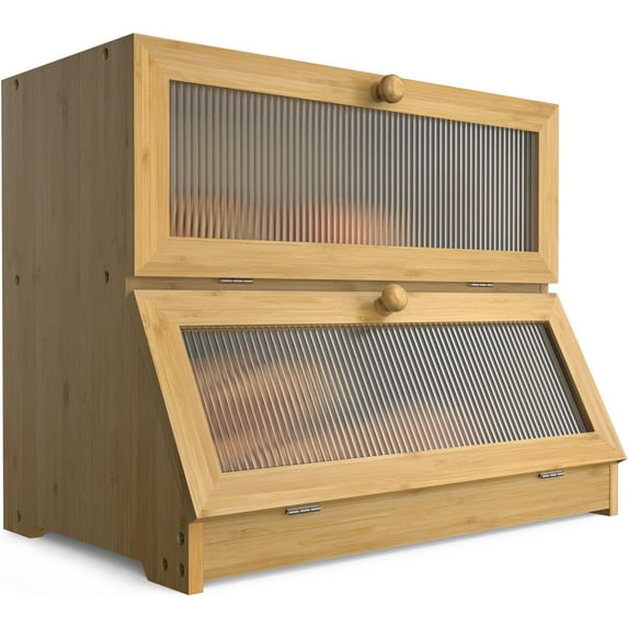 Double Layer Bamboo Bread Box for Kitchen Counter-Large Capacity Bread ...