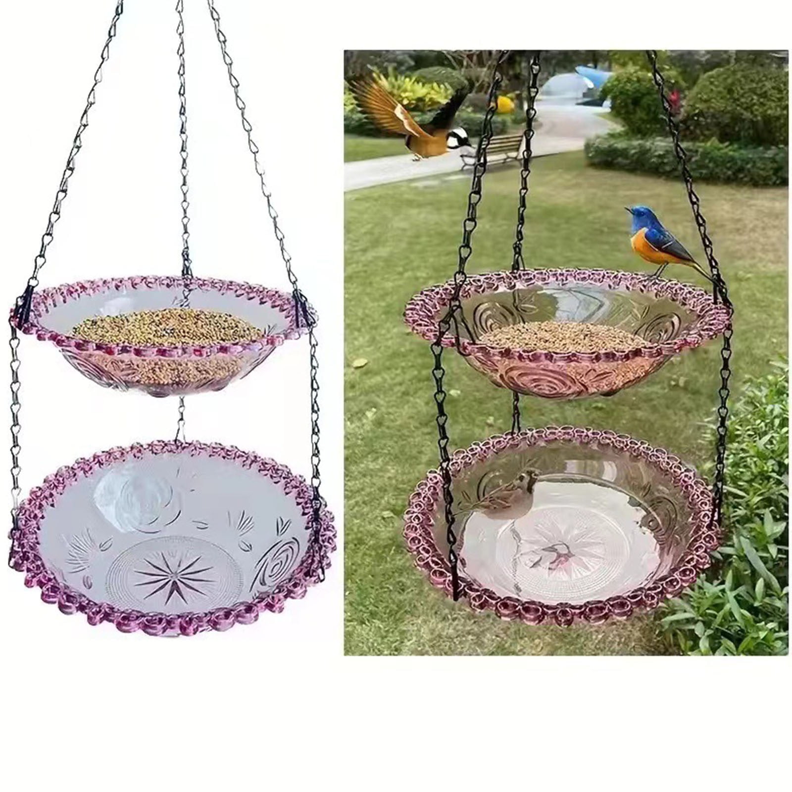 Double Layer Bird Bath Hanging Seed Feeder - Garden Plate Hanging Tray ...