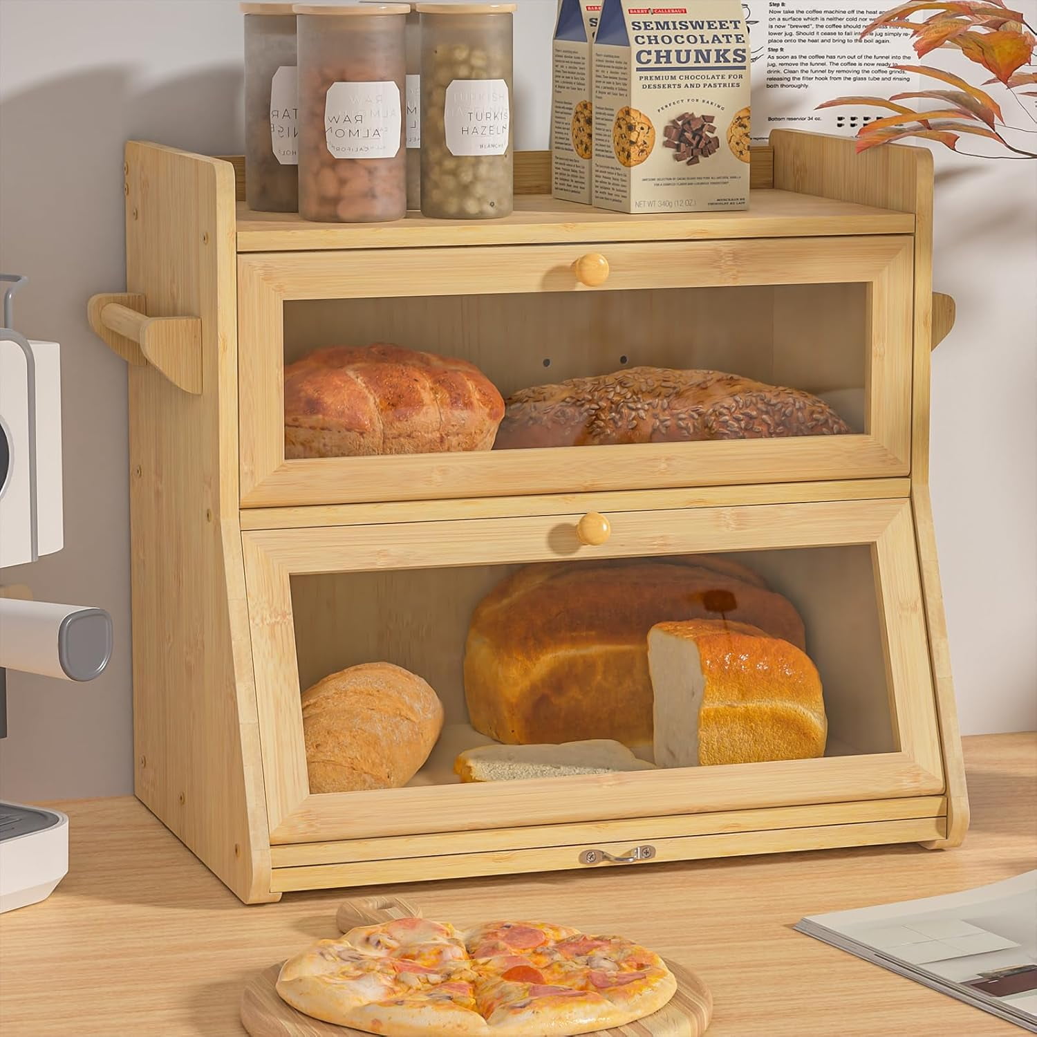 Double Layer Bread Box for Kitchen Counter, Large Bread Storage ...