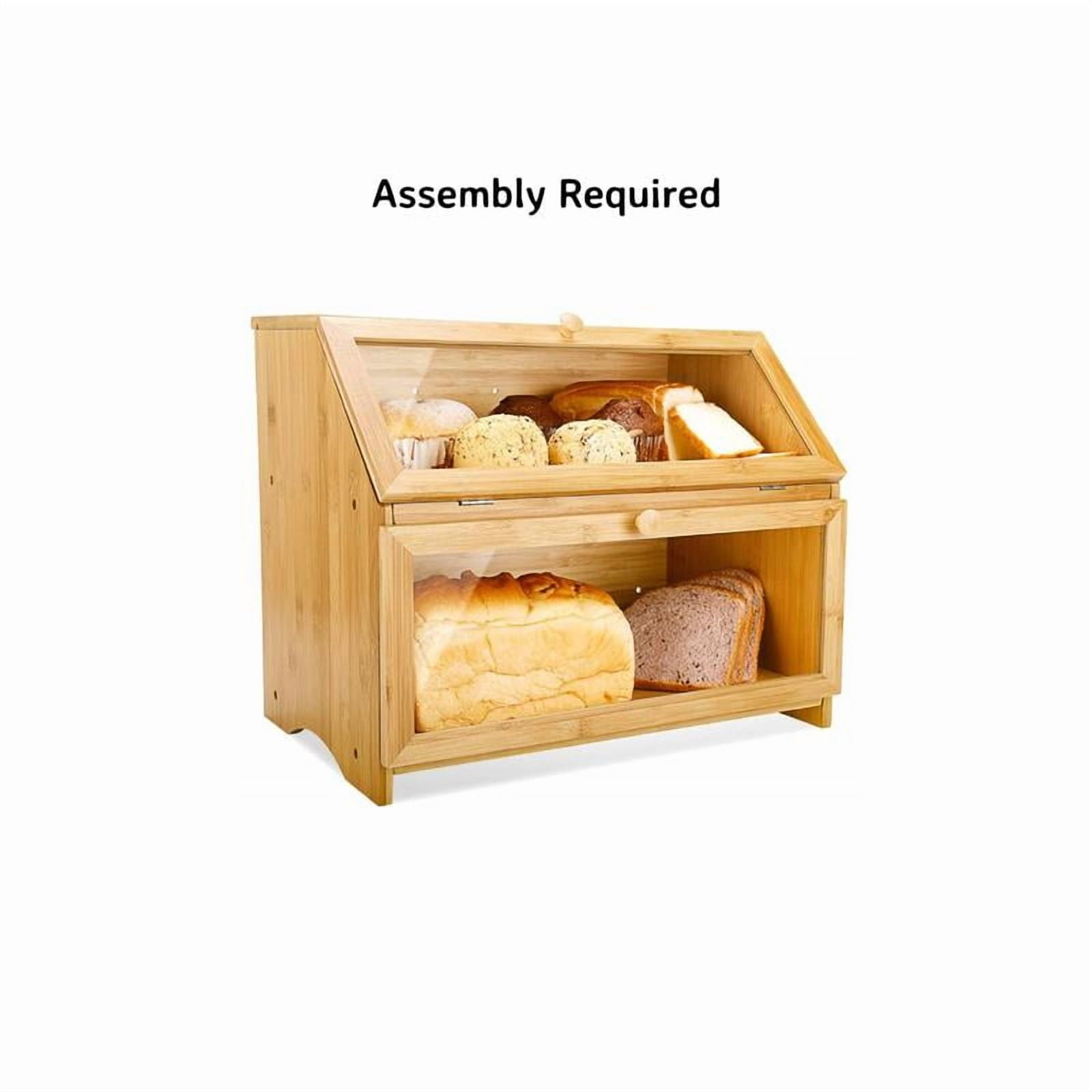 Double Layer Bread Box for Kitchen Countertop, Large Capacity Wooden ...