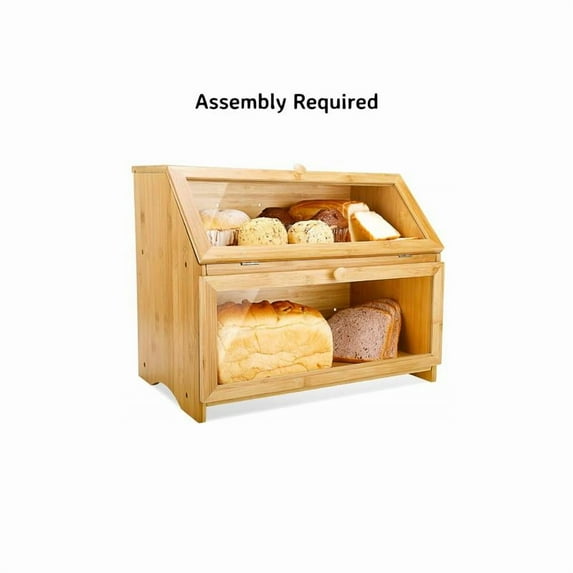 Double Layer Bread Box for Kitchen Countertop, Large Capacity Wooden ...