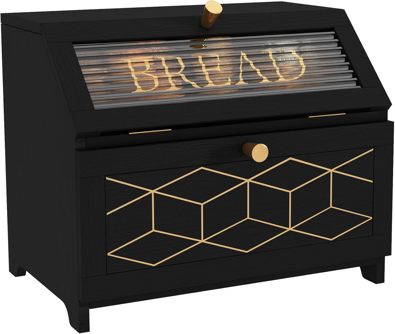 Double Layer Bread Box With Golden Trim for Countertop, Wooden Bread ...