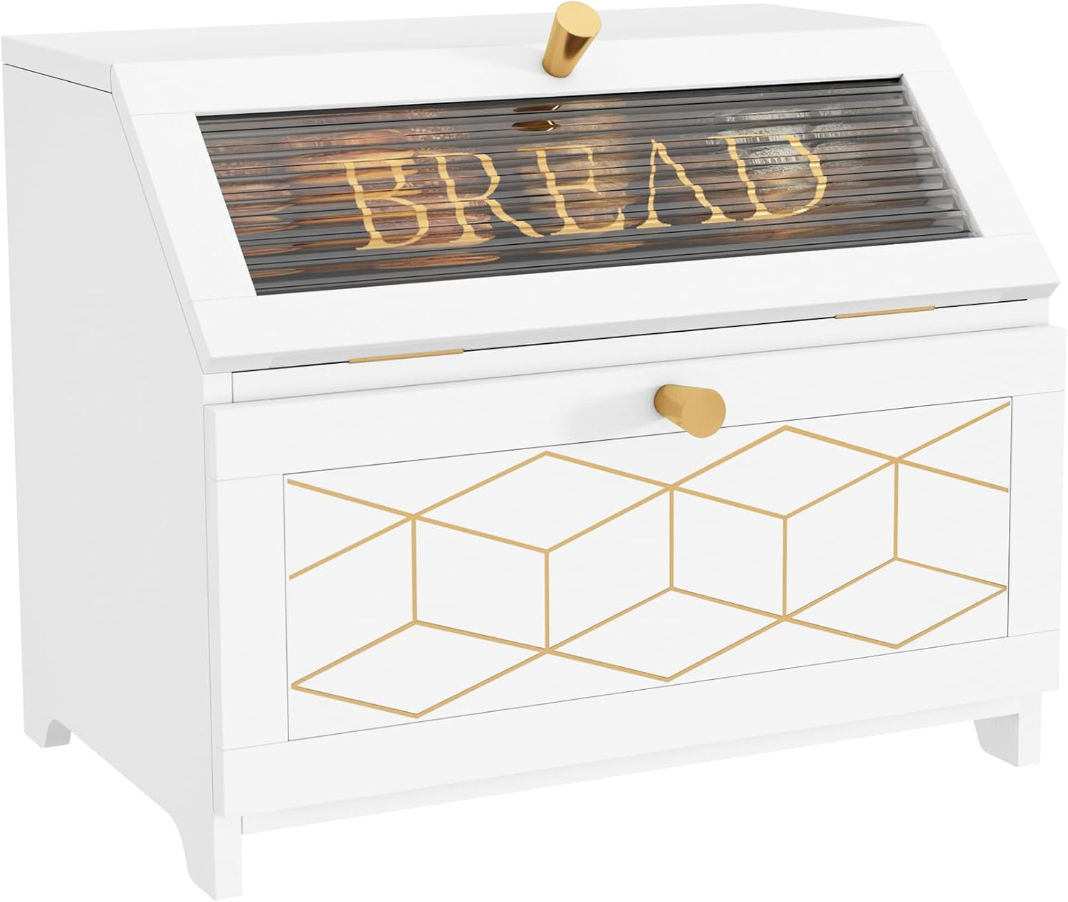 Double Layer Bread Box With Golden Trim for Countertop, Wooden Bread ...