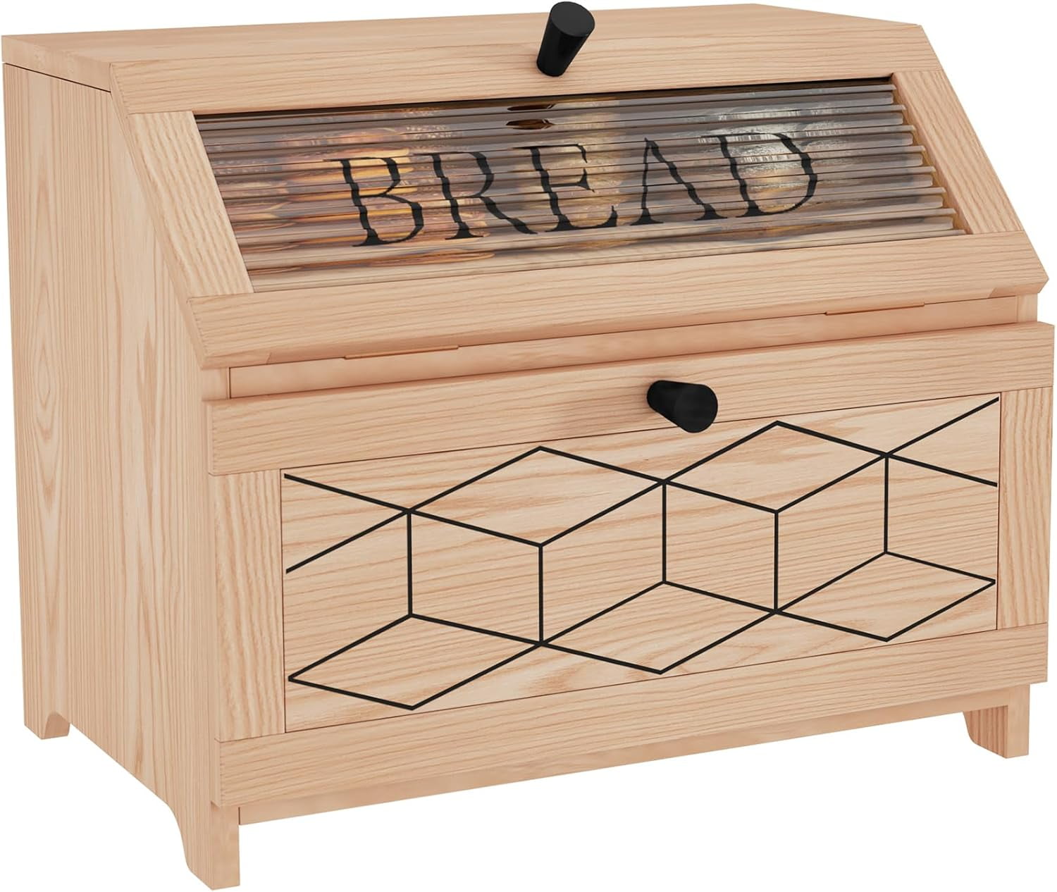 Double Layer Bread Box With Golden Trim for Countertop, Wooden Bread ...