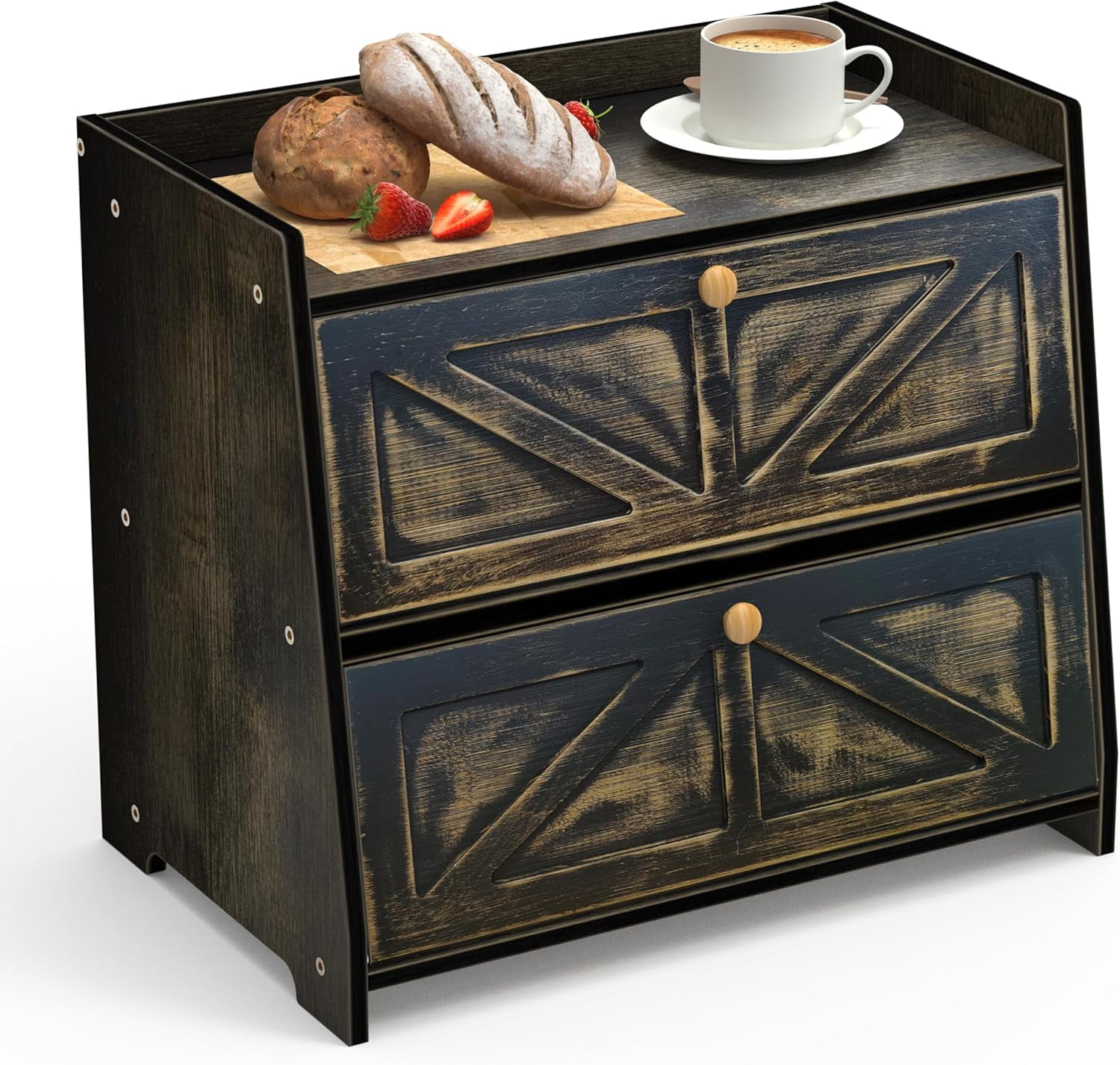 Vintage Double Layer Bread Box for Kitchen Counter Bamboo Bread Storage ...