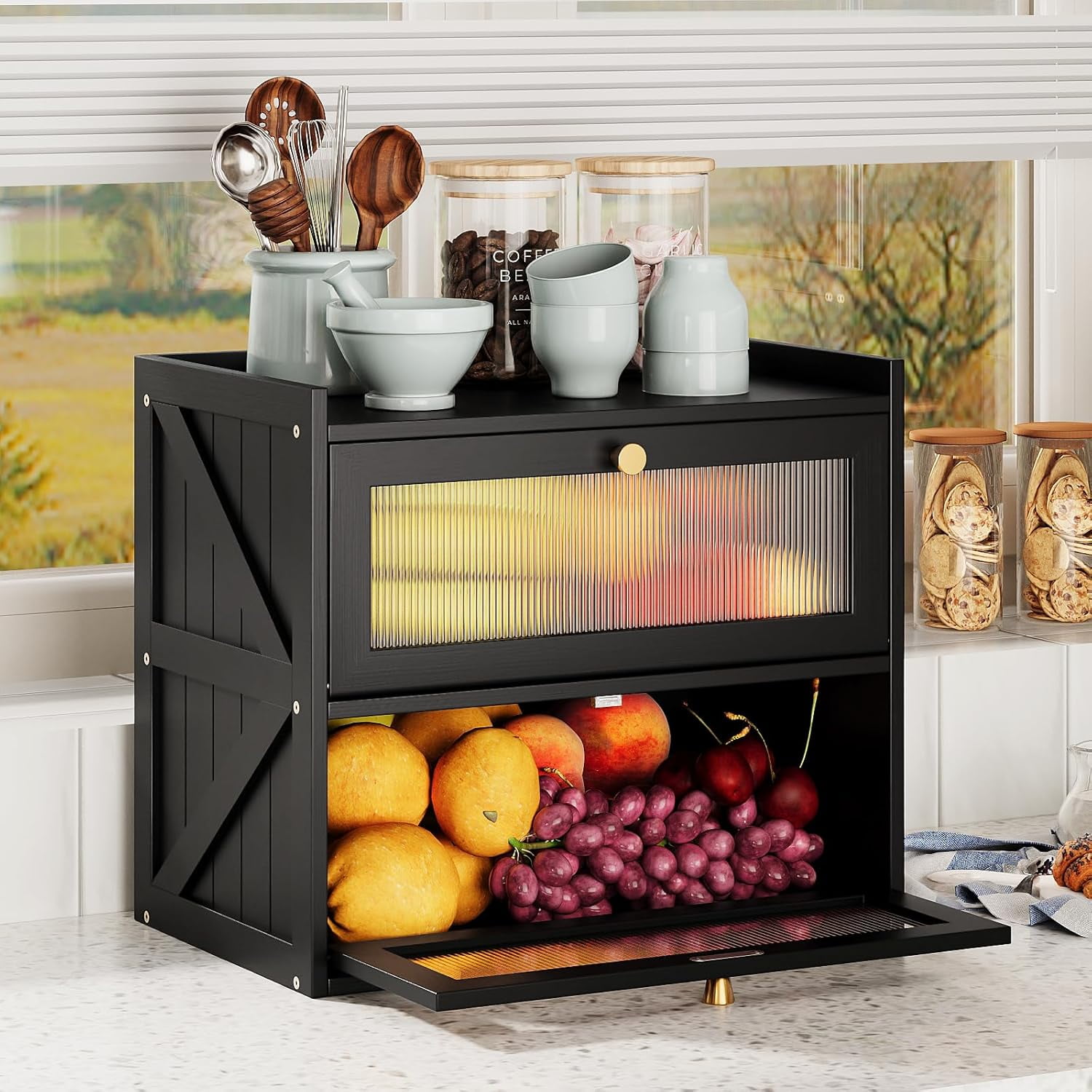 Double Layer Bread Box for Kitchen Counter Black Bread Storage ...