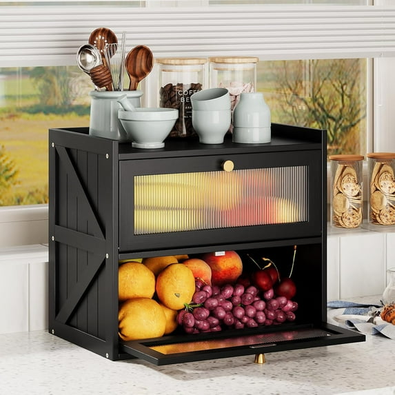 Double Layer Bread Box for Kitchen Counter Black Bread Storage ...