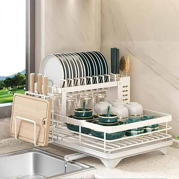 Double-Layer Carbon Steel Dish Rack with Cutlery & Cup Holder | Drain ...