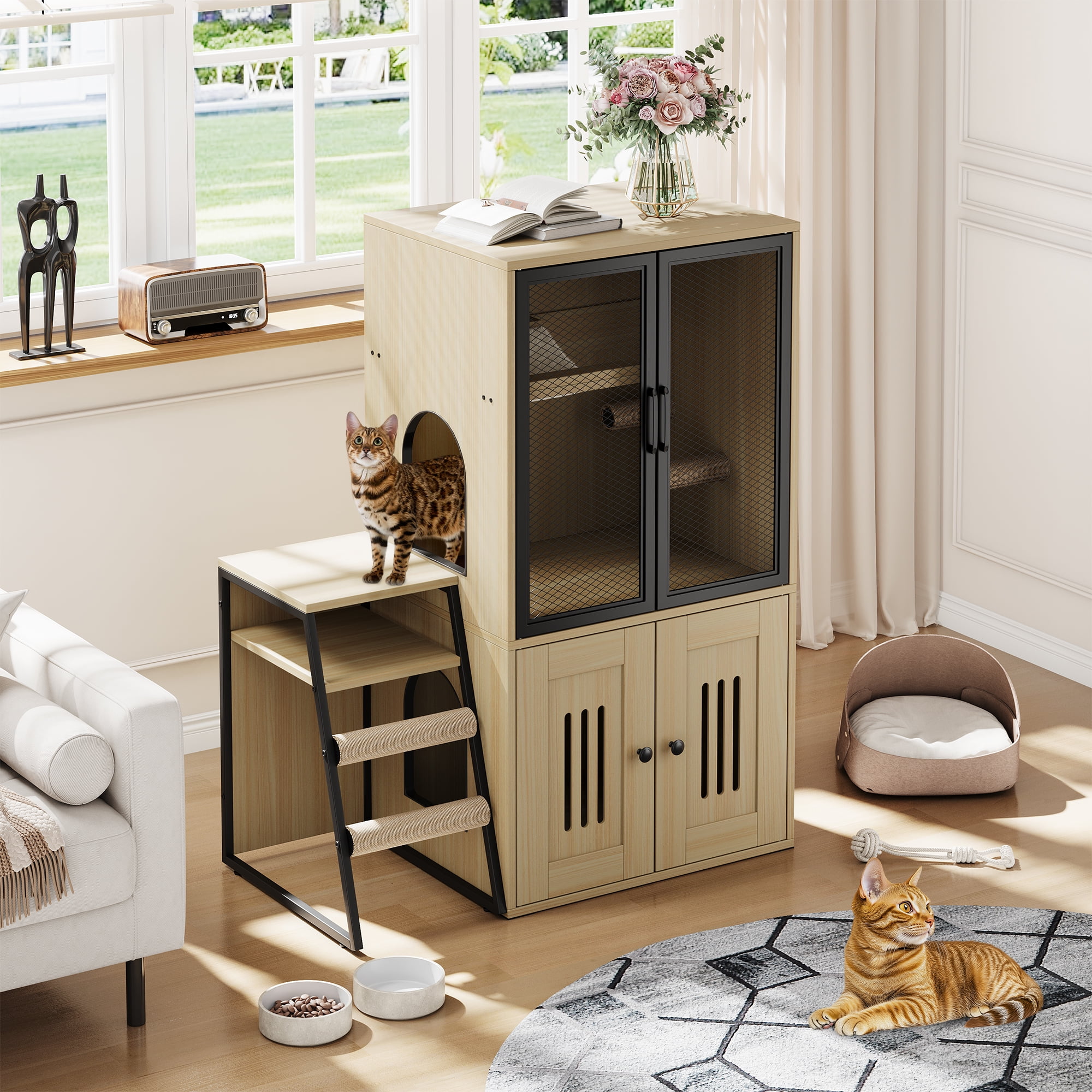 Double Layer Cat Litter Box Cabinet with Scratch Post,Modern Cat Litter ...