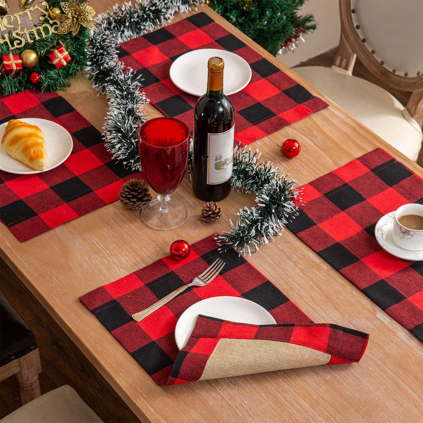Double Layer Christmas Placemats Set Buffalo Plaid Holiday Table Decor ...