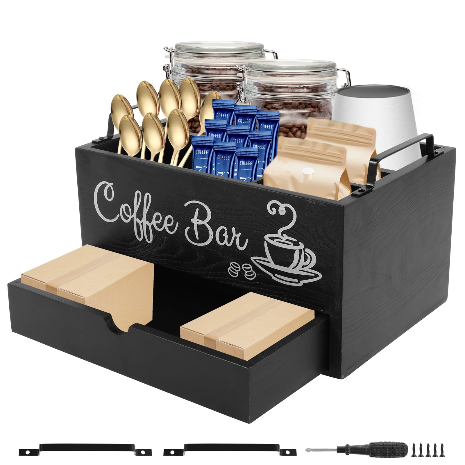 Double Layer Coffee Bar Organizer Station with Drawer and Metal Handles ...