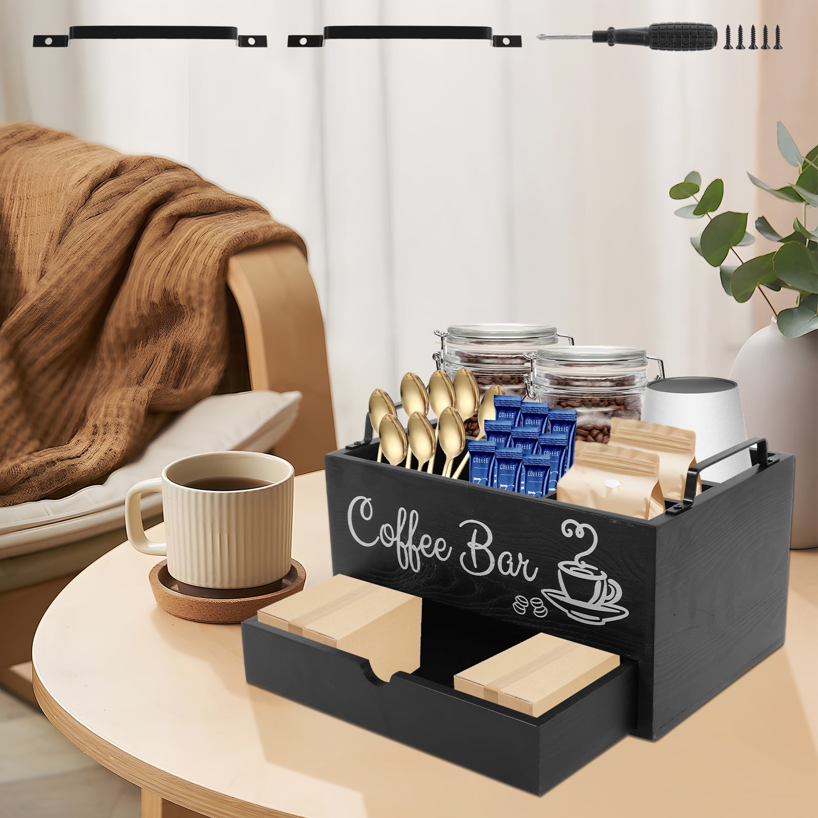 Double Layer Coffee Bar Organizer Station with Drawer and Metal Handles ...