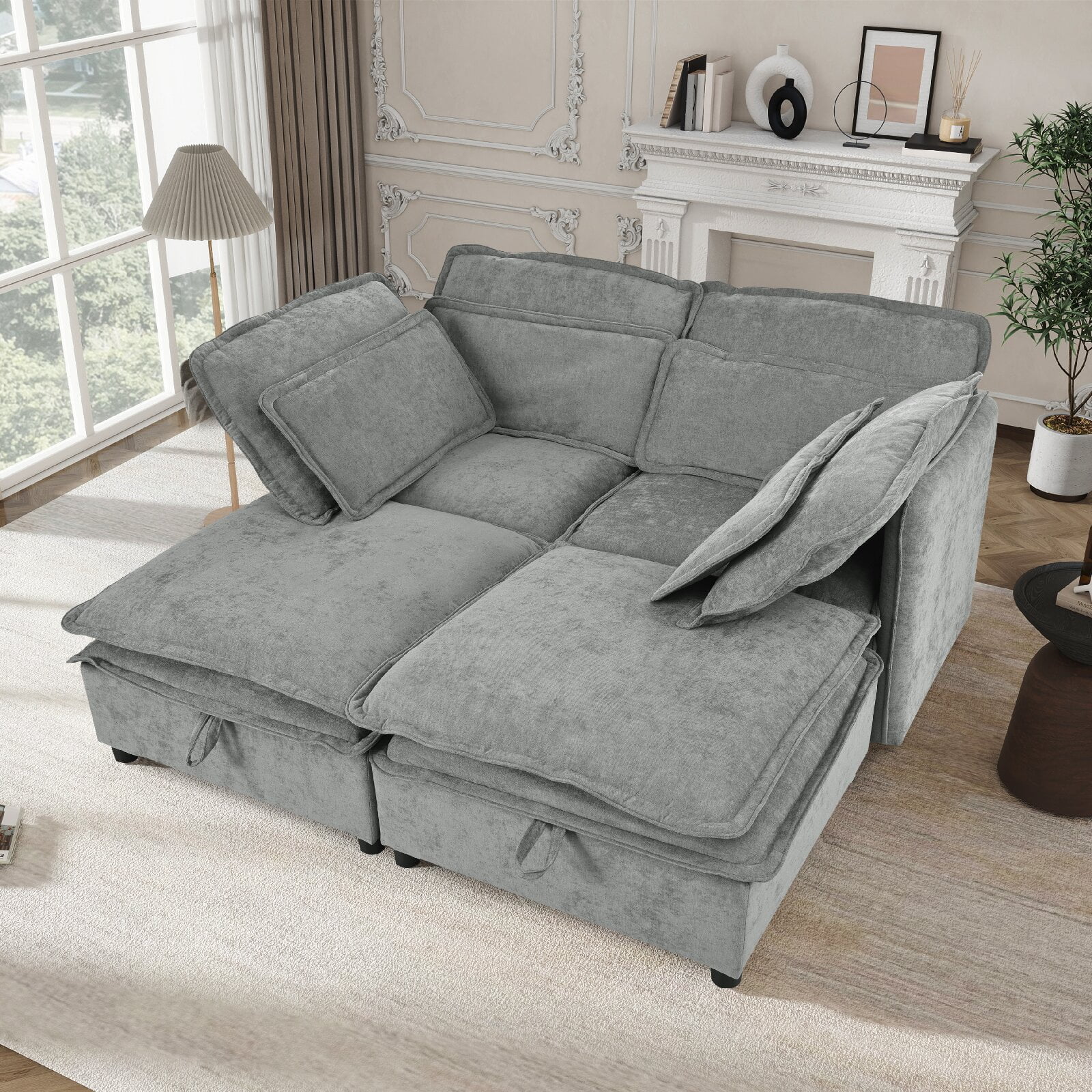 Double-Layer Cushion Modular Sofa, Freely Combinable, 4-Seater with ...