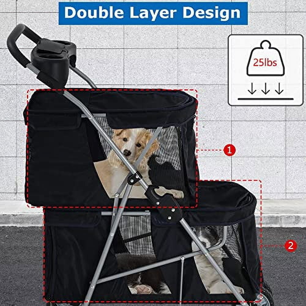 Double Layer Dog Strollers for 2 Small Dogs, 4 Wheels Pet Stroller for ...