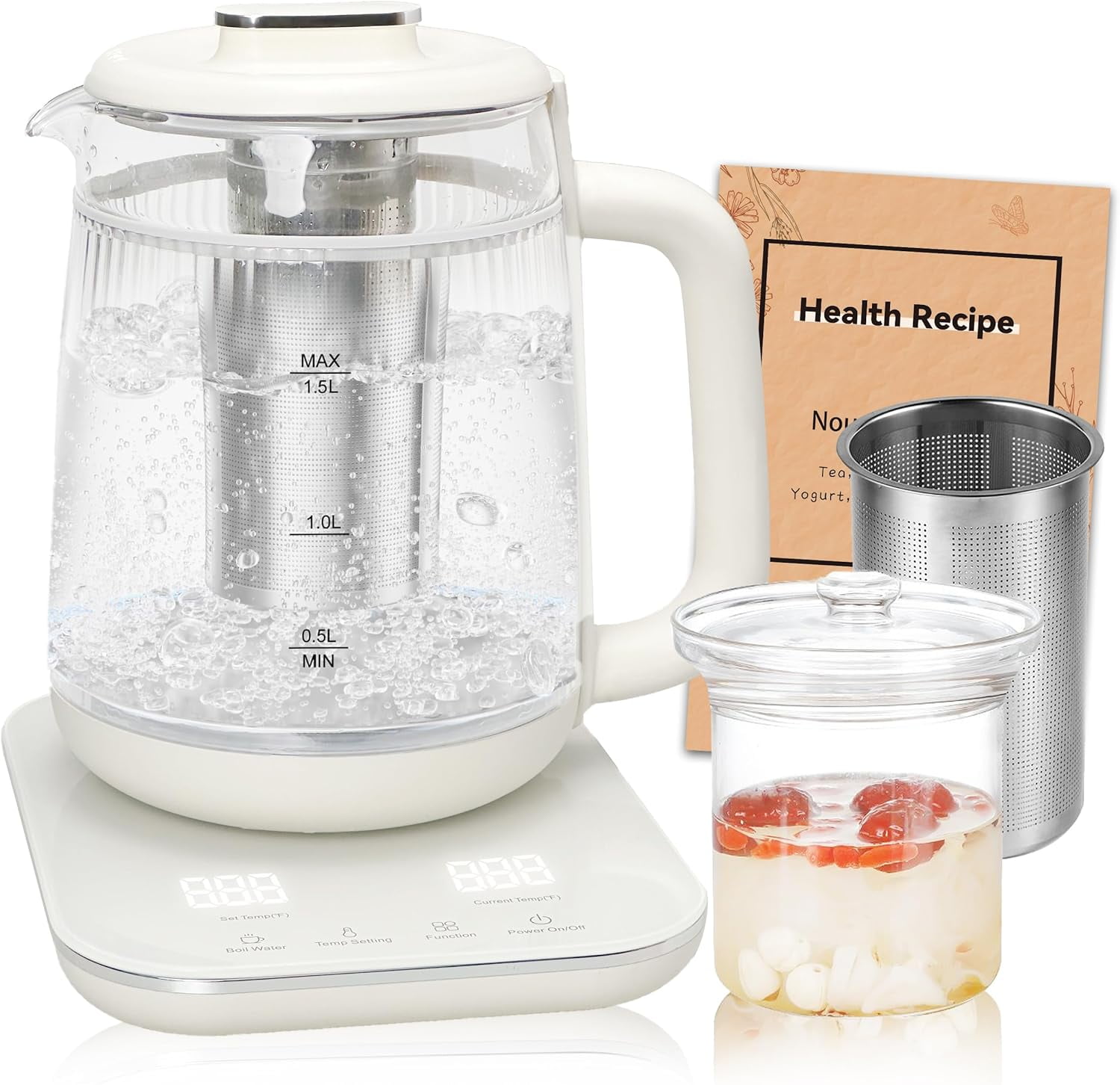 Double-Layer Electric Kettle 1.5L with Stew Pot, Glass Health Pot, 9-in ...