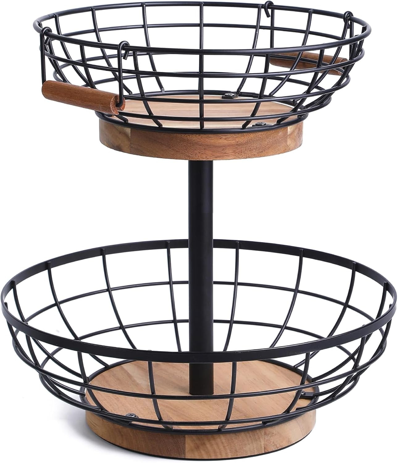 Double-Layer Fruit and Vegetable Storage Basket, Metal with Wood Base ...