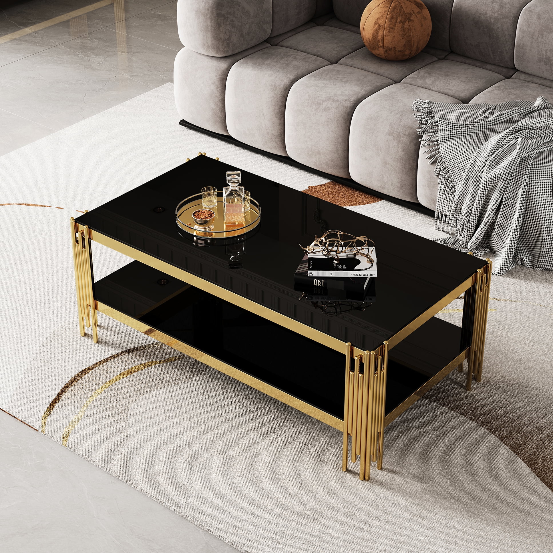 Double Layer Glass Coffee Table With Stainless Steel Frame - Gold ...
