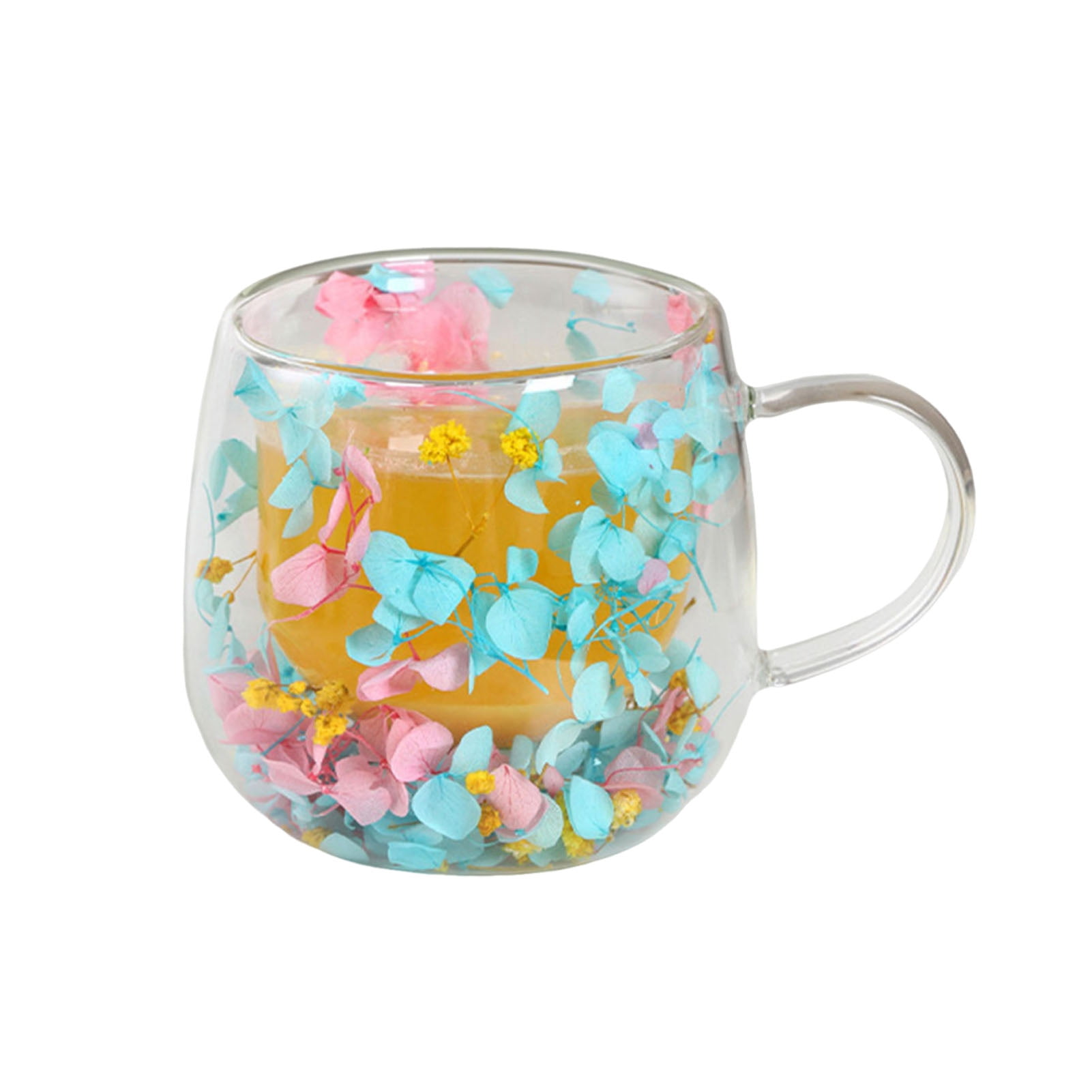 Double Layer Glass Cup Double-wall Glass Mug with Dried Flower Design ...
